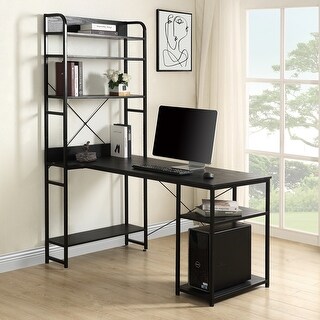 Home MDF Computer Desk with 5 Tier Open Bookshelf&Storage Space(Black ...