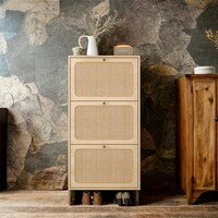 Shoe Cabinet with Natural Rattan 3-Door, Freestanding Modern Shoe ...