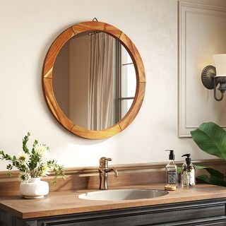 Decorative Round Wall Mirror with Sturdy Acacia Wood Frame - 27" x 27 ...