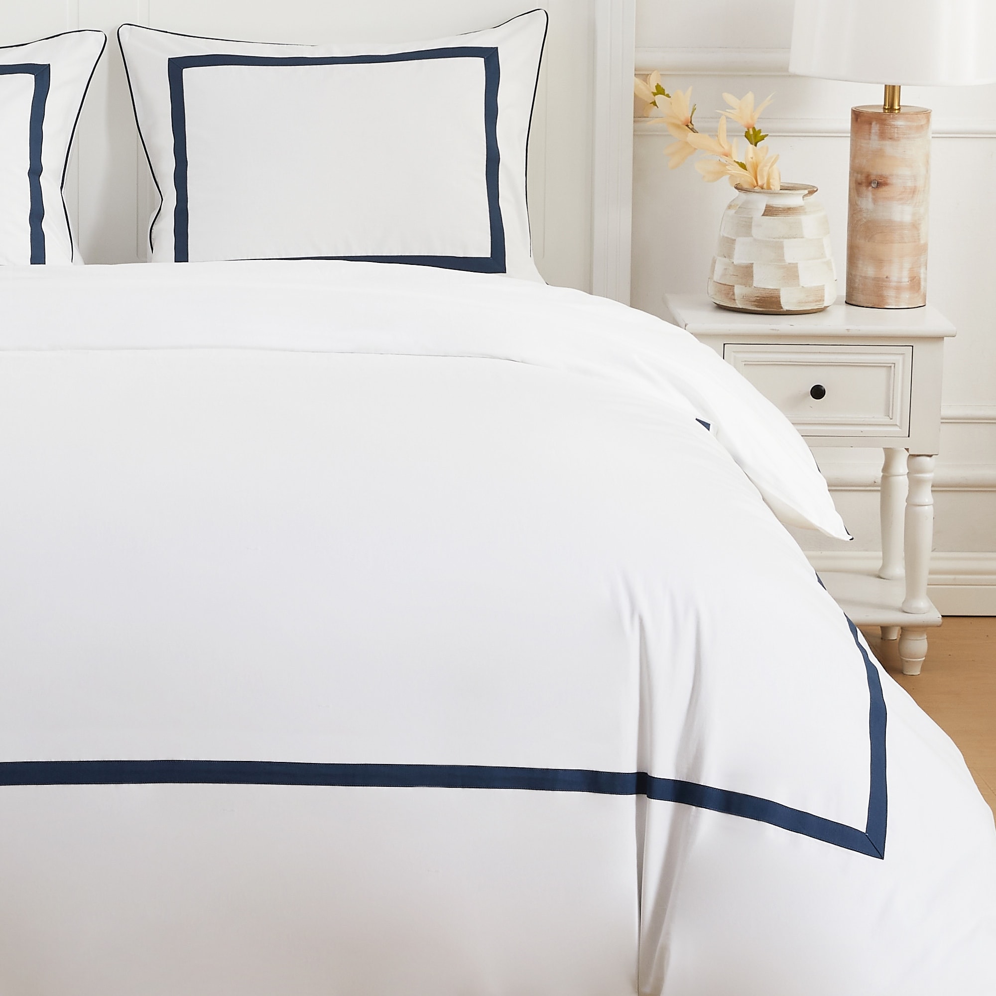 navy border bedding