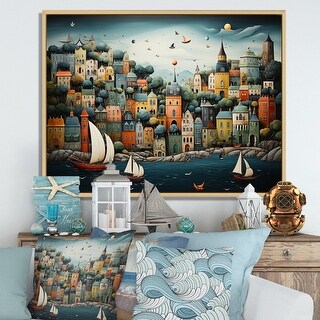 Designart "Coastal dream Harbor Hues" Port Landscape Framed Canvas Art ...