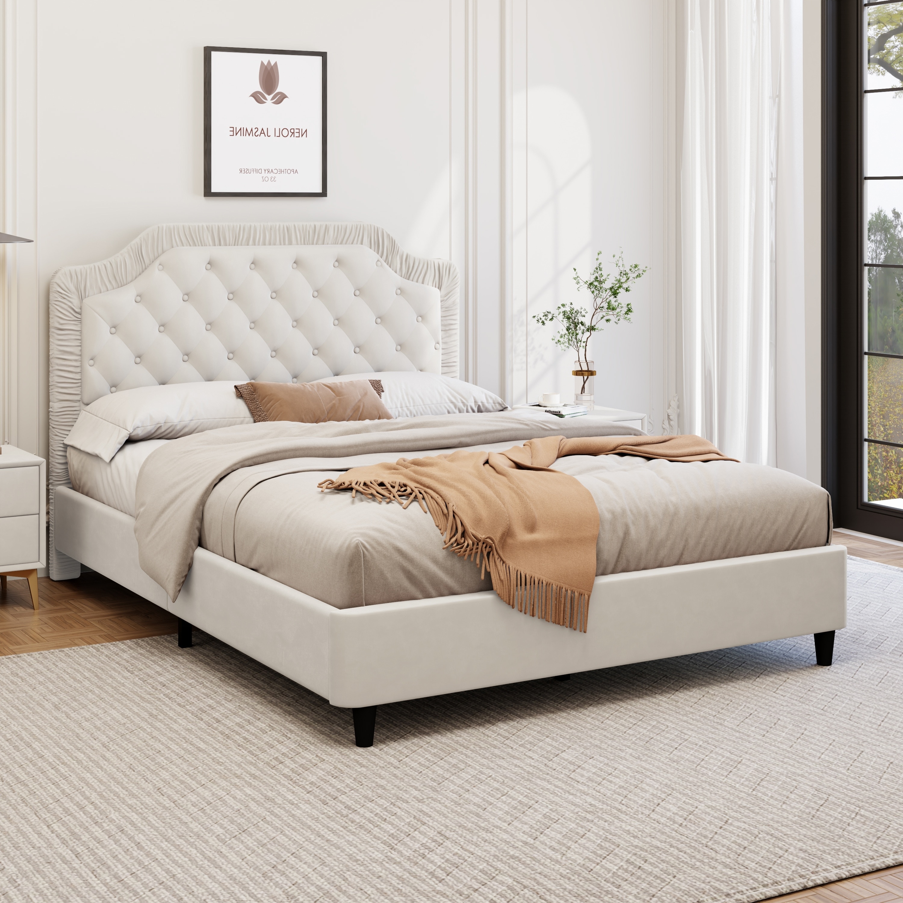White Farmhouse Full Size Velvet Upholstered Bed with Ruched and Button Tufted Headboard