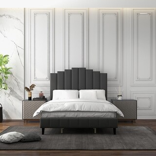 Queen Size Platform Bed, Polyester Fabric Bed Frame with Channel-Tufted ...