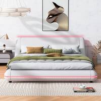 Soft Leather Sloped Sleigh Bed Wave-like Lighting Strip Bed Frame Low ...