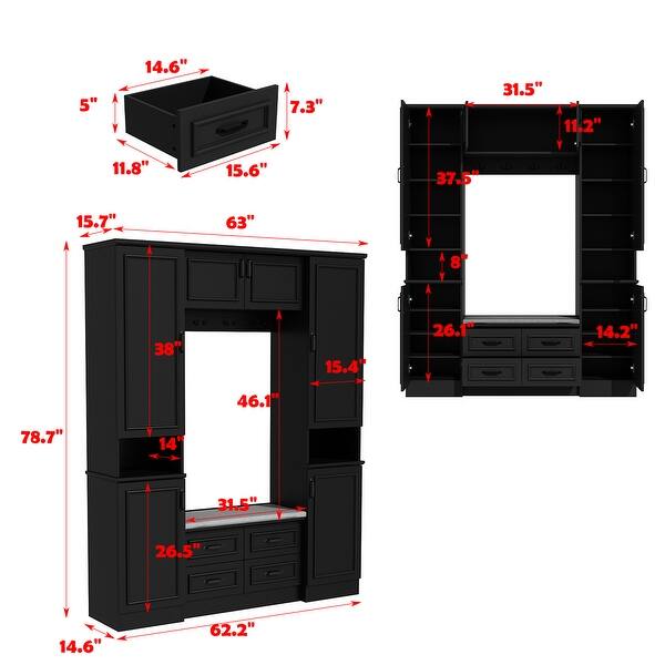 Versatile 6-Door Wardrobe Bench with Hanging Rods and Drawers - Bed ...