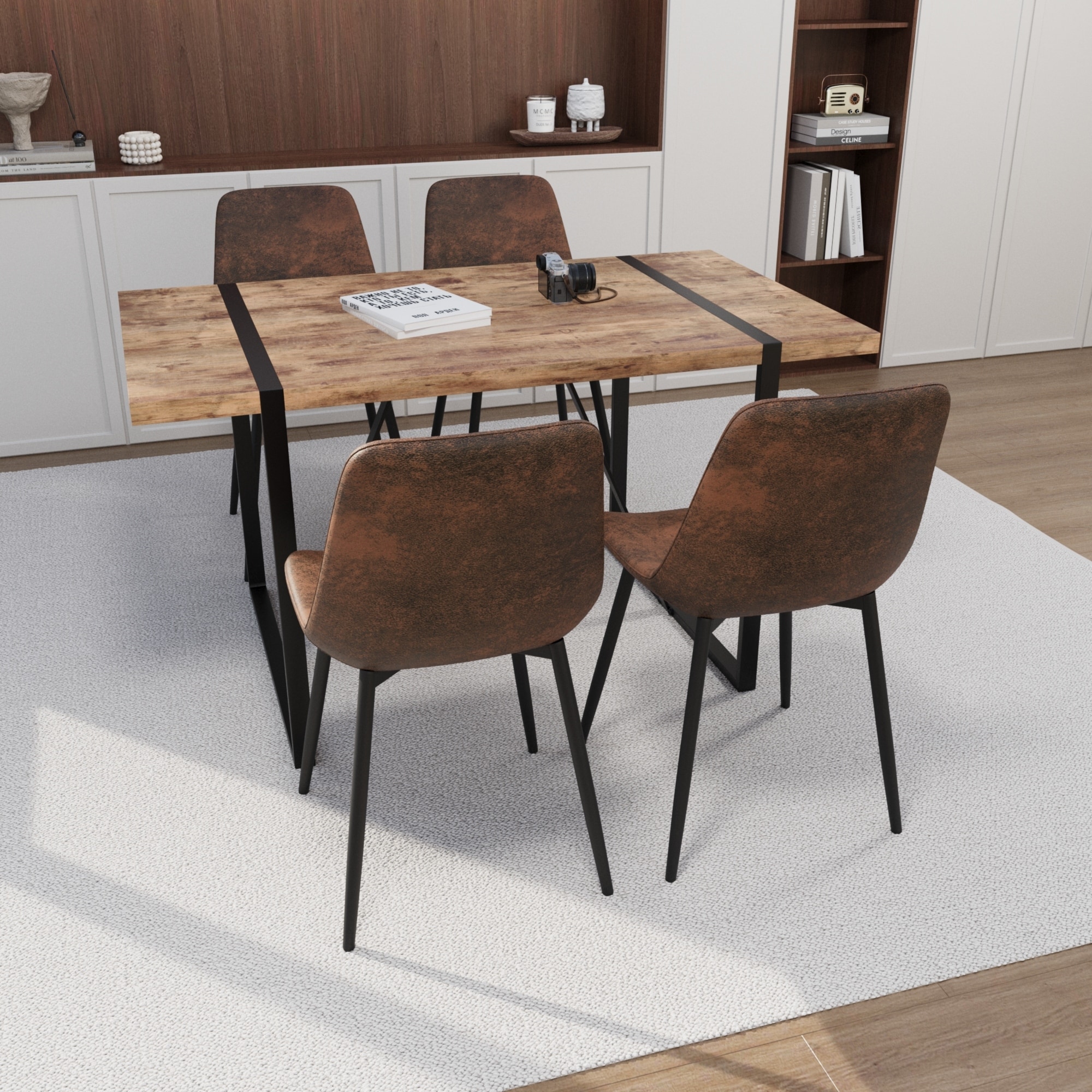 MDF dark wood dining table and Modern dining chair 4 piece set medieval wooden kitchen dining table set rectangular metal base Wood