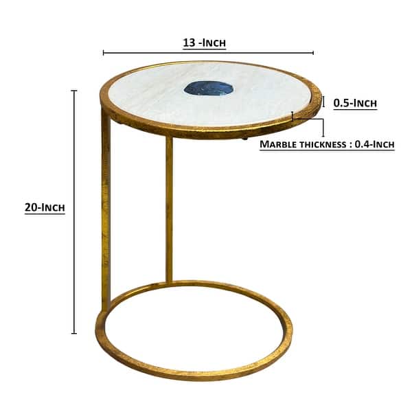 20 Inch Round Side End Table, White Marble Top with Blue Agate Stone ...
