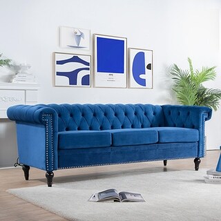 Sleeper Lounge Loveseat Tufted Settee Chair w/ Bubble Nails Arm, Blue ...