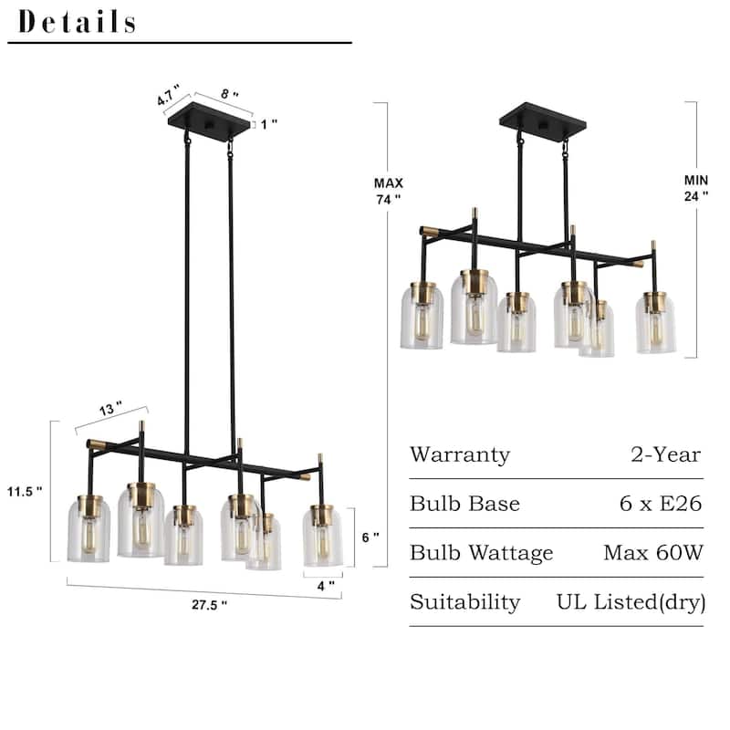 Modern Farmhouse 6-Light Black Gold Linear Chandelier with Clear Glass ...