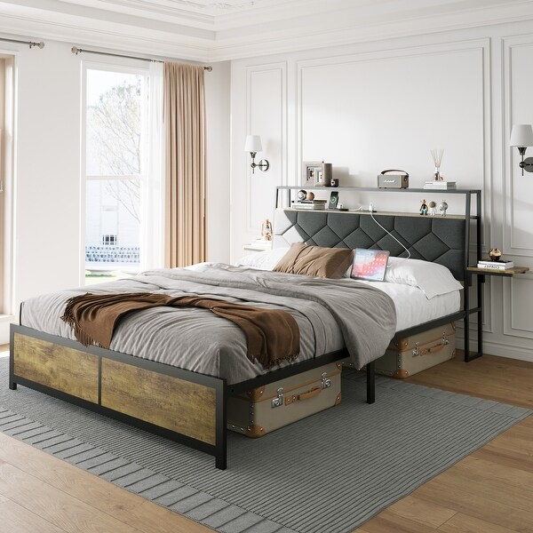 Queen Size Bed Frame with RGB LED Lights USB Port and Power Outlet Upholstered Headboard Soft Backrest and Bedside Shelf