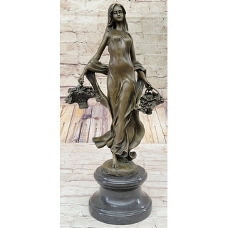 Real Bronze Statue Farmer Girl W/Flower Basket Sculpture Fall Harvest ...