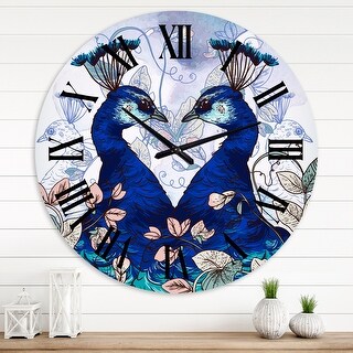Designart 'Two Blue Peacocks With Wildflowers' Traditional wall clock ...