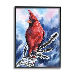 Stupell Red Cardinal Perched on Pine Branch over Blue Framed Wall Art ...