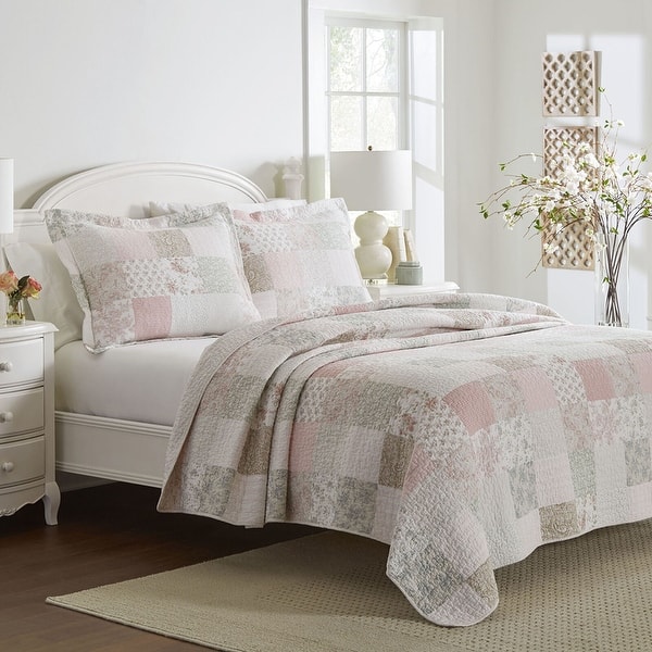 3pc Full/Queen Patchwork Quilt Set Reversible Natural Soft Pink Grey ...
