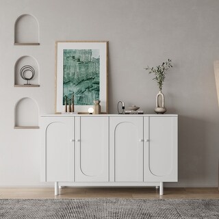 Stylish and Functional 4-Door Intaglio Storage Cabinet with Pine Legs, Solid Wood Pulls and MDF ...