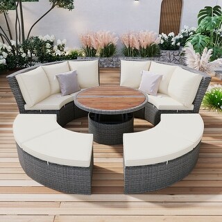 5-Piece Round Rattan Sectional Sofa Set w/Liftable Table & Cushions ...