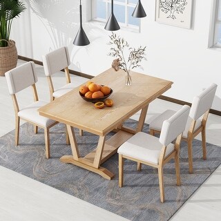 Natural Rustic Solid Wood 5-Piece Dining Set with Upholstered Chairs ...