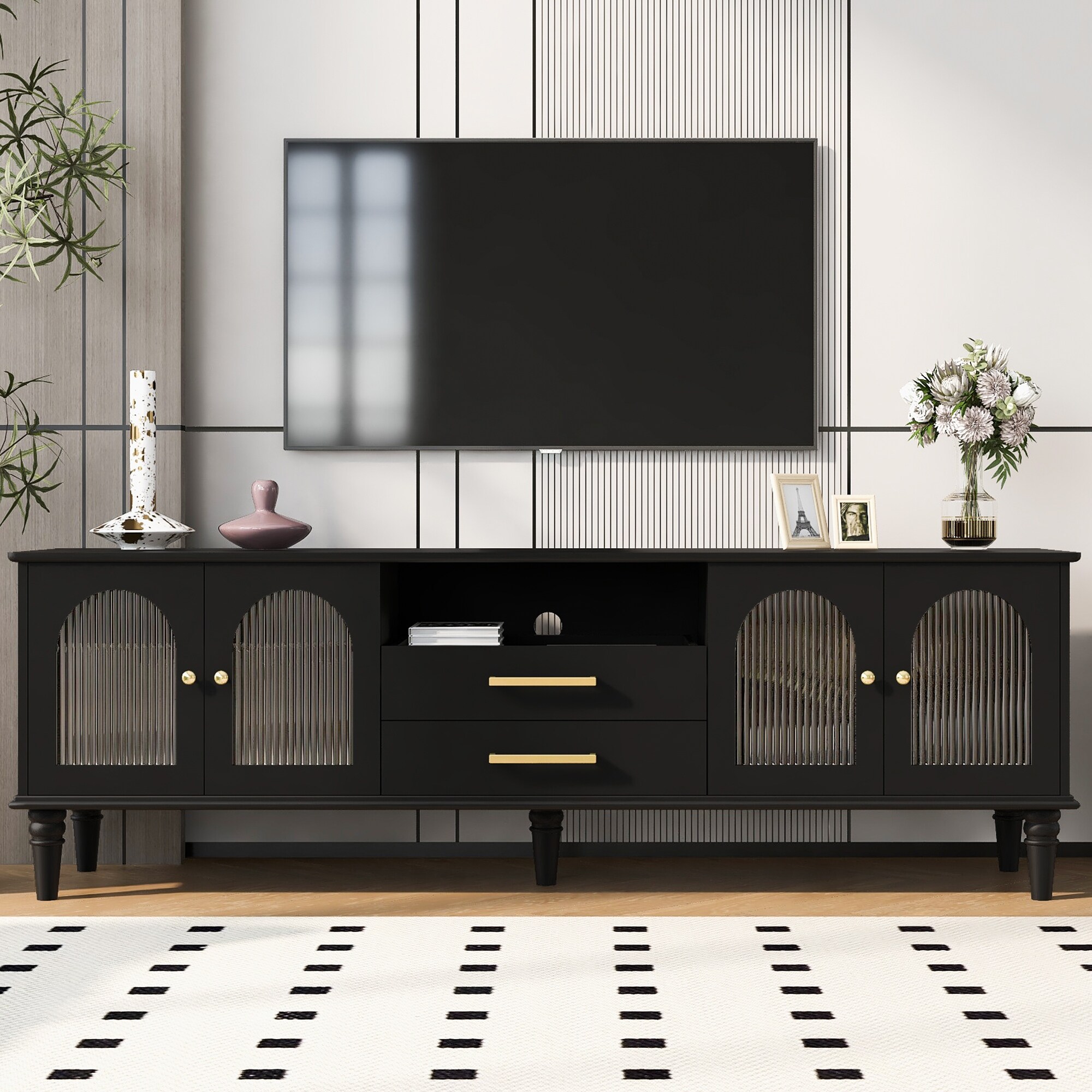TV Stand Media Console Cabinet with Arched Fluted Glass Doors Black