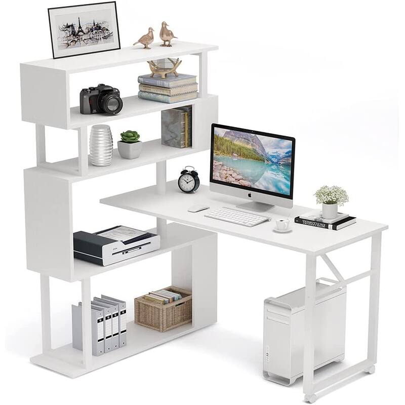 Rotating L Shaped Computer Desk with 5 Shelves Bookshelf - Overstock ...