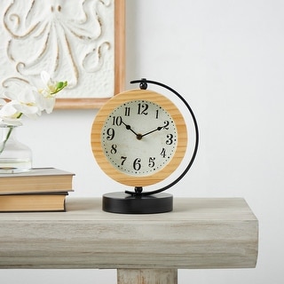 Light Brown Wood Decorative Clock with Curved Black Metal Stand and ...