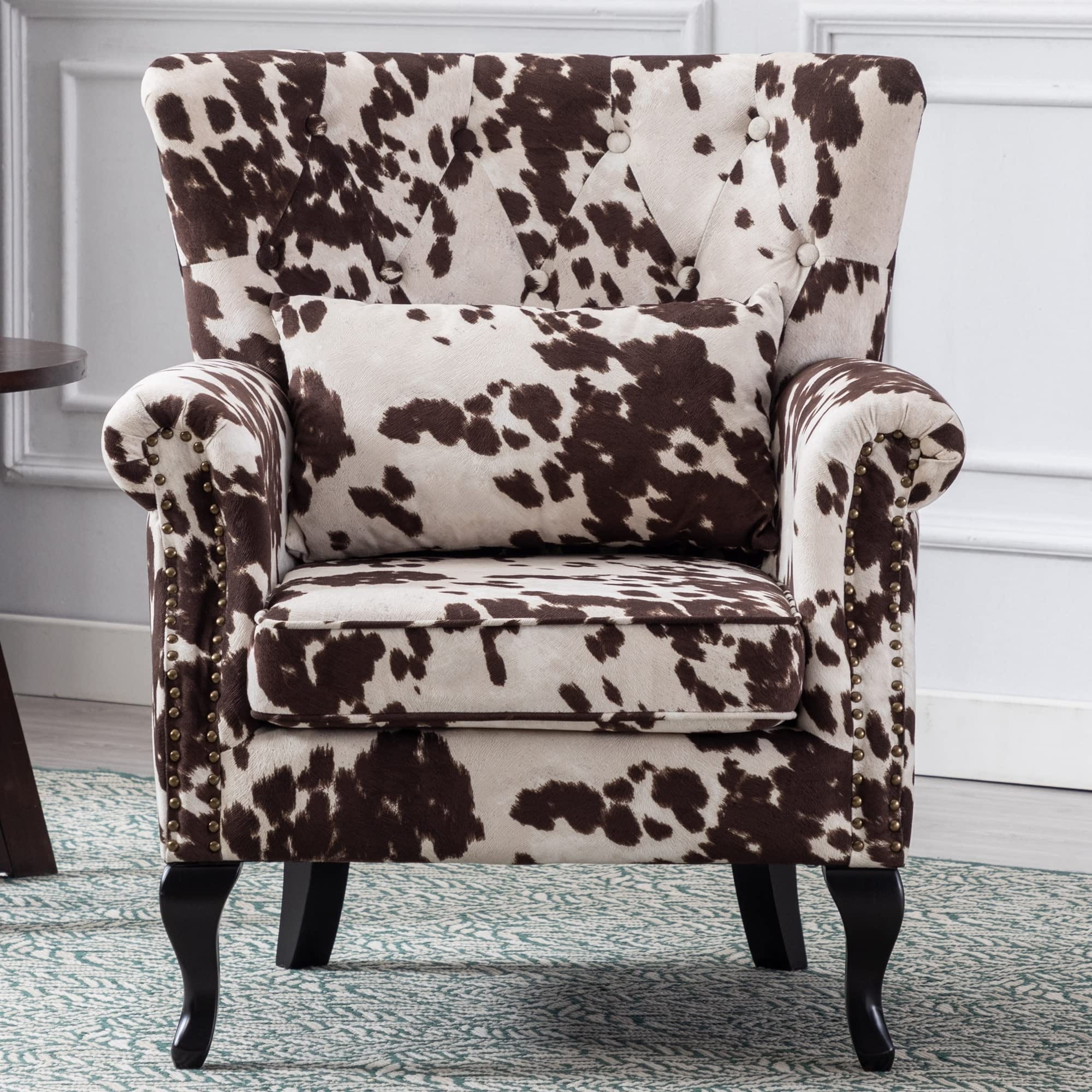 Mid Century Modern Accent Chair Upholstered Armchair Comfy Cowhide Print Fabric Single Sofa with Tufted Wingback