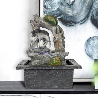Cascading Tabletop Water Fountain w/LED Lights Wolf Statue Waterfall ...