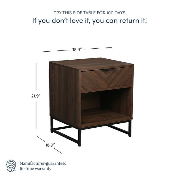 Walnut Rustic Nightstand Black Matte Metal Base with Open Cubby for ...