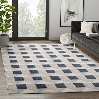 Abani Rugs Nuevo NUE100A Square Grid Pattern Cream Black Area Rug - Bed ...