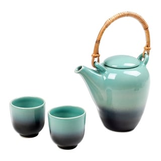 Novica Handmade Lagoon Tea Ceramic And Bamboo Tea Set (3 Pieces) - Bed ...