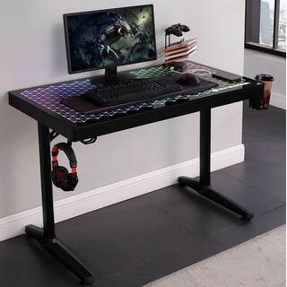Professional Ergonomic Tempered Glass Top Gaming Desk with LED Lighting ...