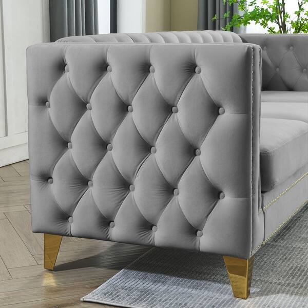 Grey Velvet Buttons Tufted Upholstered L-Shaped Corner Sectional Sofa - Bed Bath & Beyond - 40421478