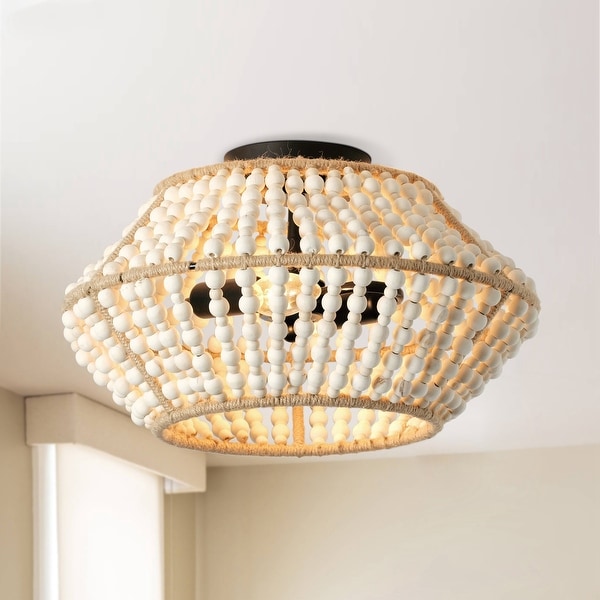 Bohemian Brown Hemp Rope 3-Light Semi-Flush Mount Ceiling Light - 15.4 ...