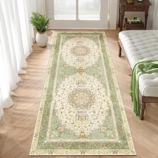 2x6 Green Runner Rug - Washable Boho Vintage Floral Hallway Carpet - 2 ...