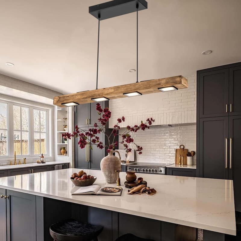 6-Light Modern Farmhouse Brown Wood Linear Integrated LED Island ...