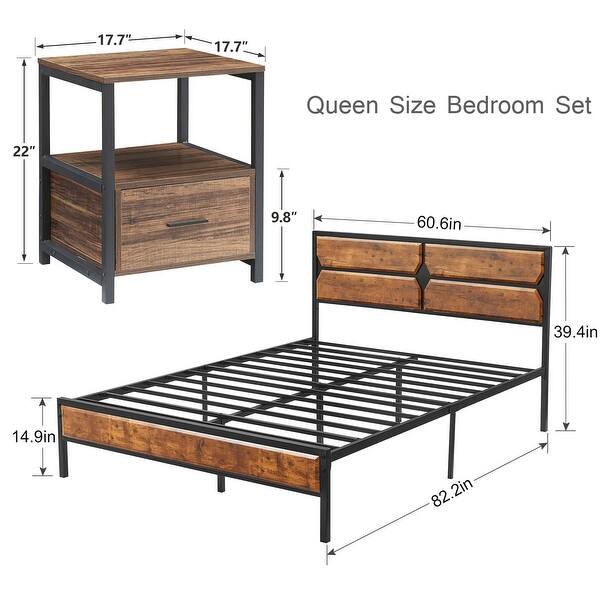 Modern 3 Piece Bedroom Set with Platform Bed Frame and Nightstand - Bed ...
