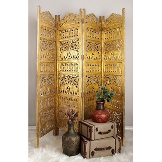 Gold Wooden Handmade Hinged Foldable Partition 4 Panel Floral Room ...