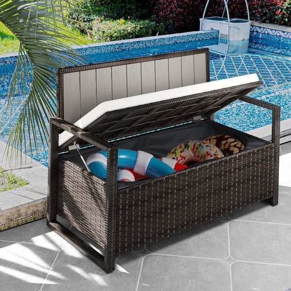 70 Gallon Wicker Outdoor Storage Deck Box Bench with Cushion Woven ...