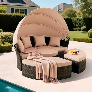 Outdoor Patio Daybed with Canopy, Outdoor Seating Wicker Round ...