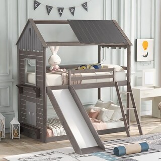 Cejae Twin Over Twin House Shaped Bunk Bed with Slide and Ladder - Bed ...
