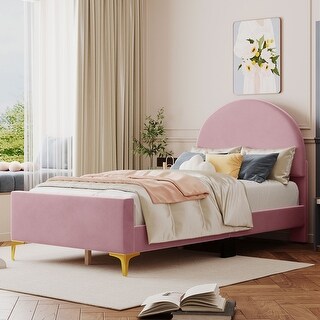 Pink Twin Size Upholstered Platform Bed with Classic Semi-circle Shaped ...