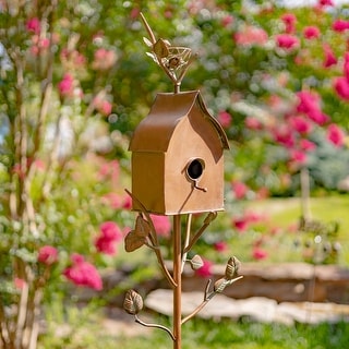 Antique Copper Finished Iron Birdhouse Stake with Sloped Roof - Bed ...