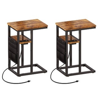 C Shaped End Table with Charging Station, Side Table with Storage Bag ...