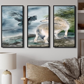 Designart "Wolf And A Raven On A Hill Under Falling Snow" Traditional ...