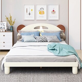 Full Size Solid Wood Platform Bed Lovely Bear Ears Bed with LED, Cream ...