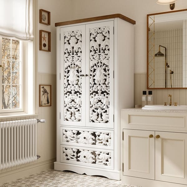 Bathroom Linen Cabinet with Intricate Carved Doors and Antique Hardware ...