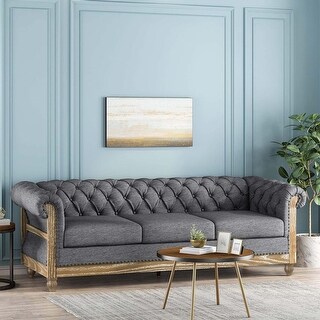 Grey 85.5'' Polyester Tufted 3 Seat Sofa Couch with Wooden Legs, Metal ...