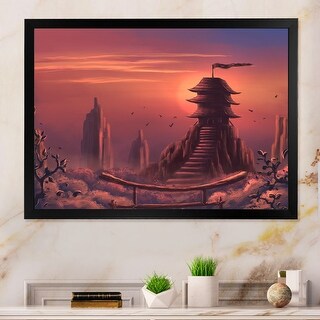 Designart "Video Game Fantasy Buddhist Temple Sunset" Industrial Framed ...