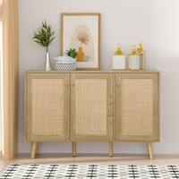 Anmytek Mid-Century Modern Wood Rattan Buffet Sideboard Kitchen Storage ...