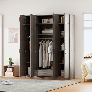 4-Door Wood Wardrobe with Storage Drawer and Top Cabinet, Landing Wall ...