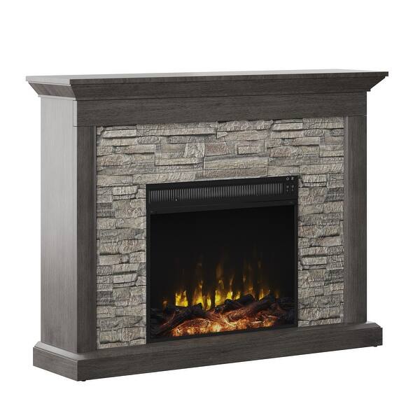 Rustic Wall Mantel Electric Fireplace with Faux Stacked Stone Surround ...